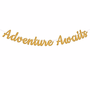 Adventure Awaits Banner - Baby Shower Wedding Engagement Party Decorations, Congrats Grad 2023 Graduation Retirement Party Decorations (Gold)