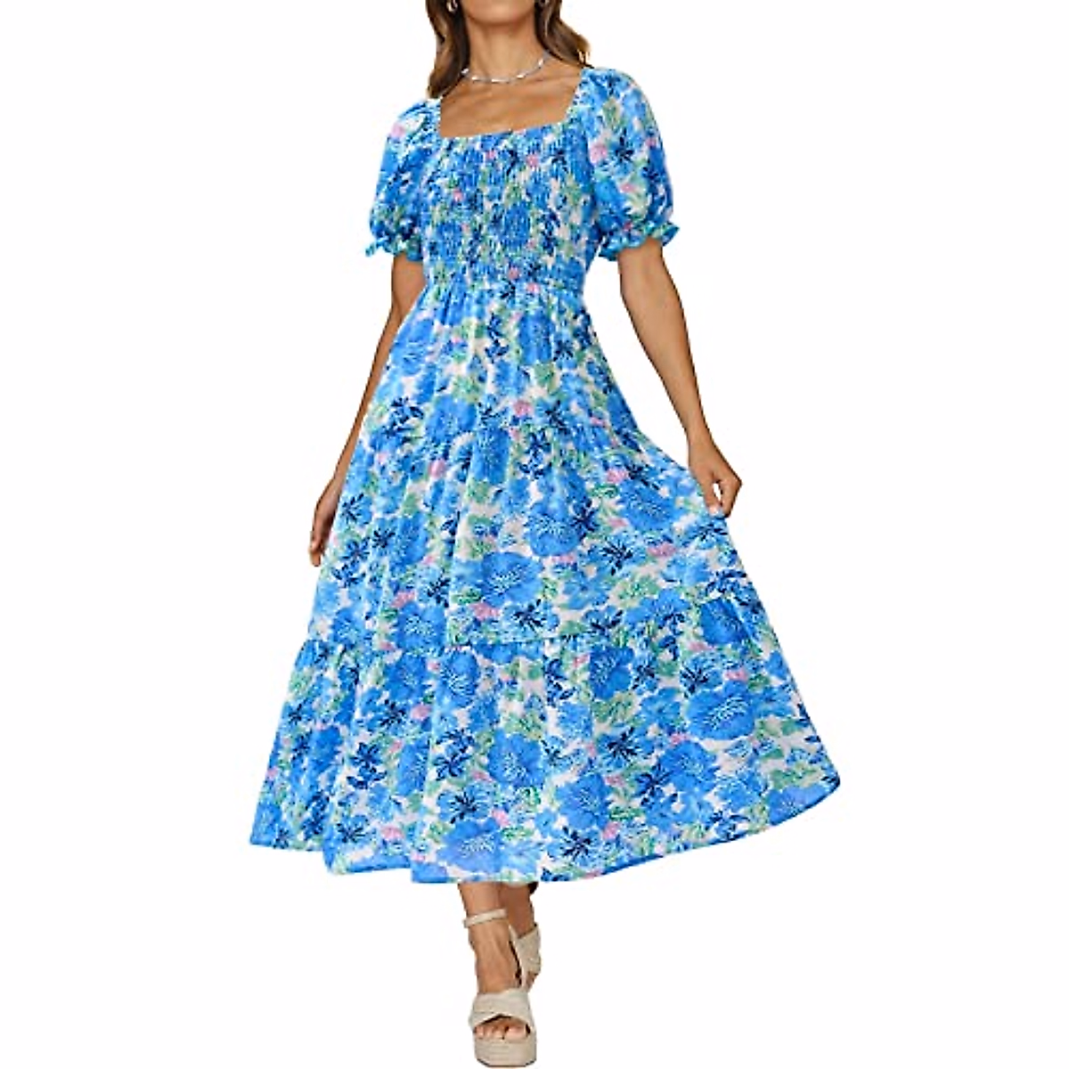 PRETTYGARDEN Women's Summer Puff Sleeve Floral Maxi Dress Square Neck Smocked Boho Flowy A Line Casual Beach Long Dresses (Big Floral White and Blue,Large)