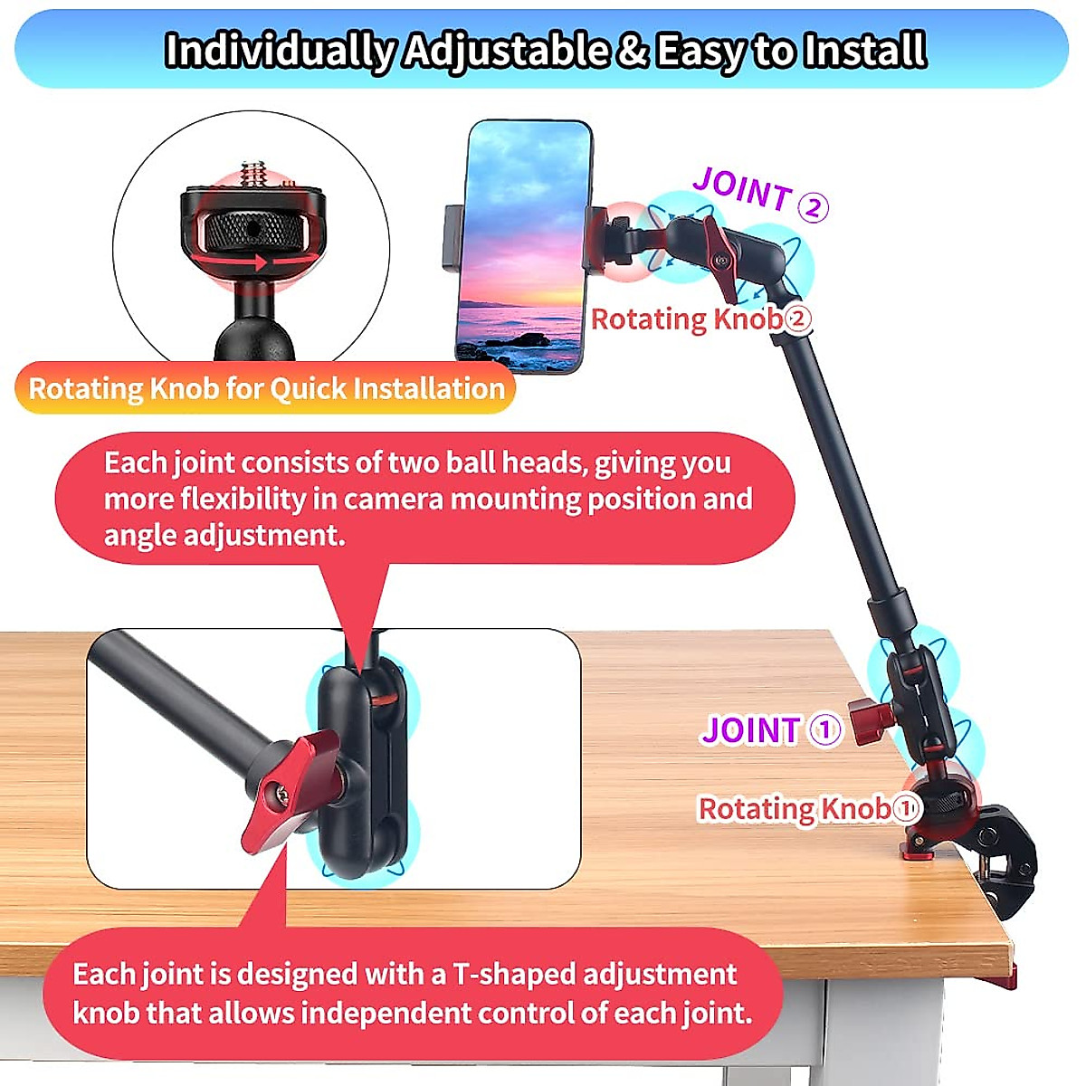 JEBUTU 13"/34cm Magic Arm w Clamp, Camera Mount & Clamp w 1/4" 3/8" Threads and Articulating Friction Magic Arm, Overhead Phone Mount, Camera Boom Arm Mount for Light Webcam Mic Action Camera Monitor