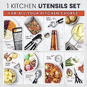 40PCs Silicone Cooking Utensils Set 446℉ Heat Resistance, RFAQK BPA Free Kitchen Utensils Set for Nonstick Cookware, Gadgets includes Can Opener, Potato Smasher,Peeler,Tongs,Spatula Set,Pizza Cutter