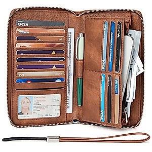 Telena Leather Wallets for Women Slim Zip Around Wristlet Clutch Purse Large Phone Holder Retro Brown