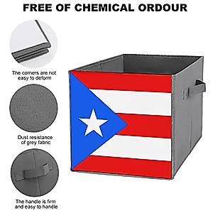 Puerto Rico Flag PU Leather Collapsible Storage Bins Canvas Cube Organizer Basket with Handles