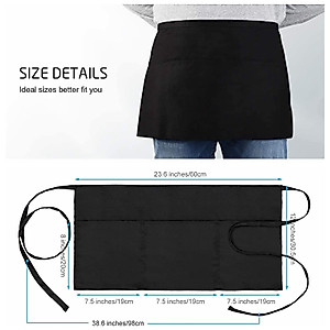 Tosewever 2 Pack Server Aprons with 3 Pockets, Waitress Waiter Waist Apron for Women Men Restaurant Home Black Half Apron (Black, 2 Pack)