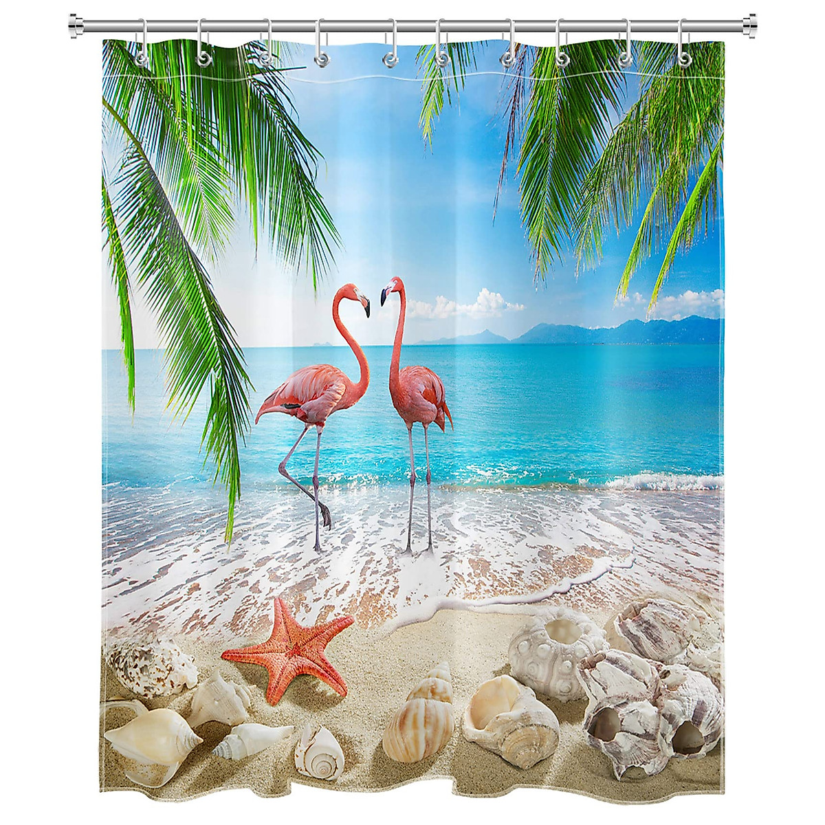Summer Ocean Beach Shower Curtain for Bathroom Funny Pink Flamingo and Starfish with Seashell Coastal Bathroom Shower Curtains with Hooks, Tropical Palm Leaf Bathroom Curtains Shower Set 60x72 inch