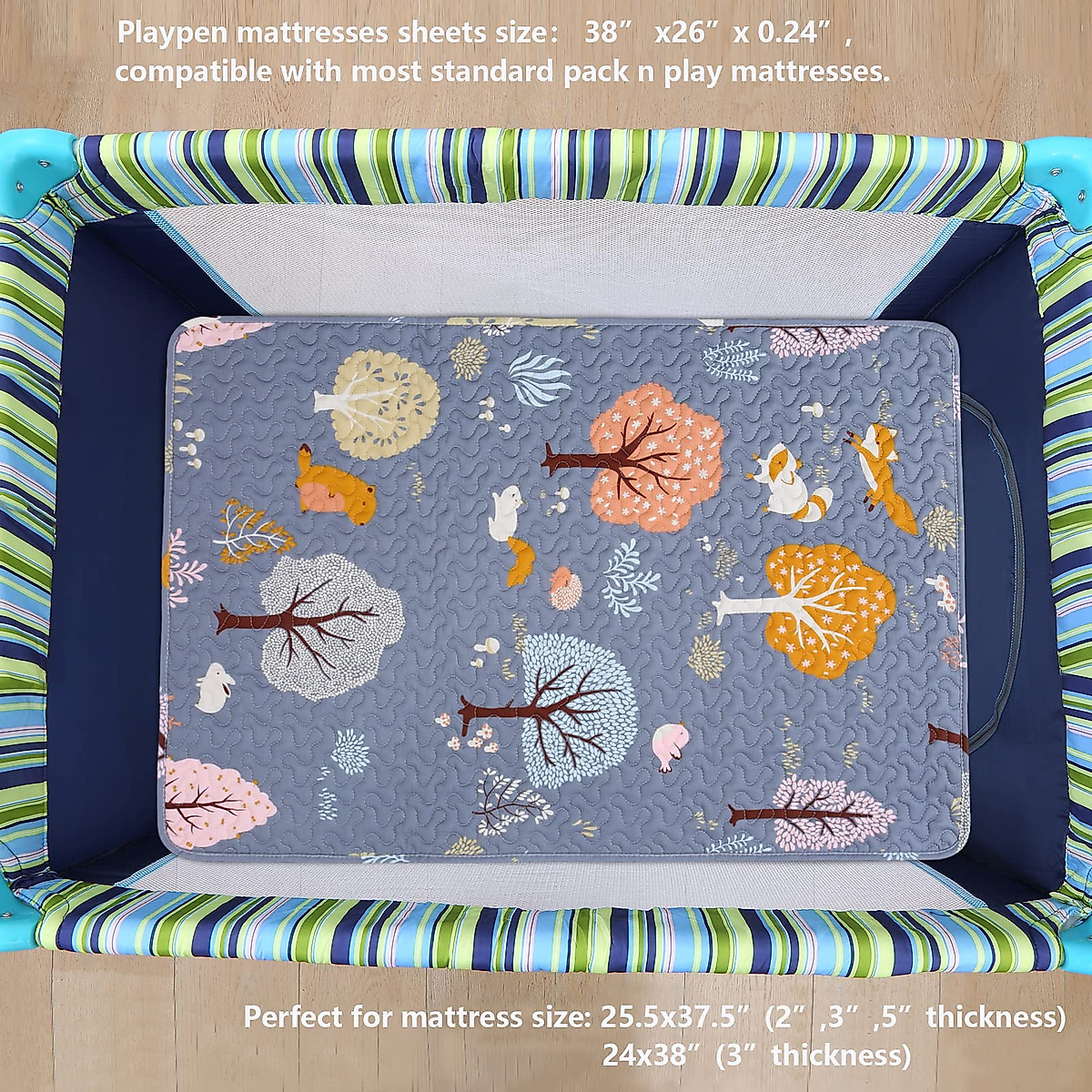 Padded Pack n Play Sheets Breathable Thick Pack and Play Mattress Protector, Quilted 38x26” Playard Sheet Fitted for Graco, Portable Mini Cribs and Foldable Mattress Pad, Soft Playpen Mattresses Cover