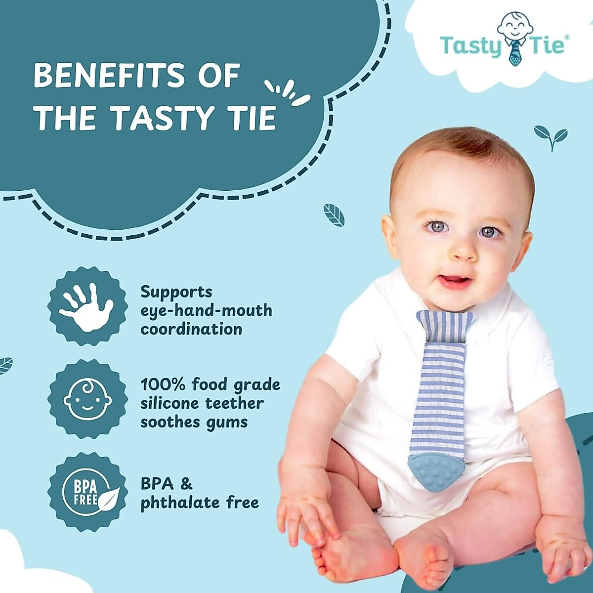 Tasty Tie Teething Tie, 3-in-1 Clip-on Baby Tie Crinkle Toy & Silicone Teether for 3-6-9-12-18 Month Babies | GOTS Certified Organic Cotton | Unique Baby Boy Gift or Stocking Stuffer, Seersucker Style