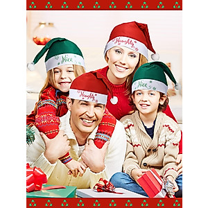 Leumoi 50 Pieces Naughty and Nice Plush Christmas Santa Hats Decorative Red and Green Christmas Hat Xmas Santa Hats for Adults Kids Women Men Funny Decoration Holiday Party Costume Supply