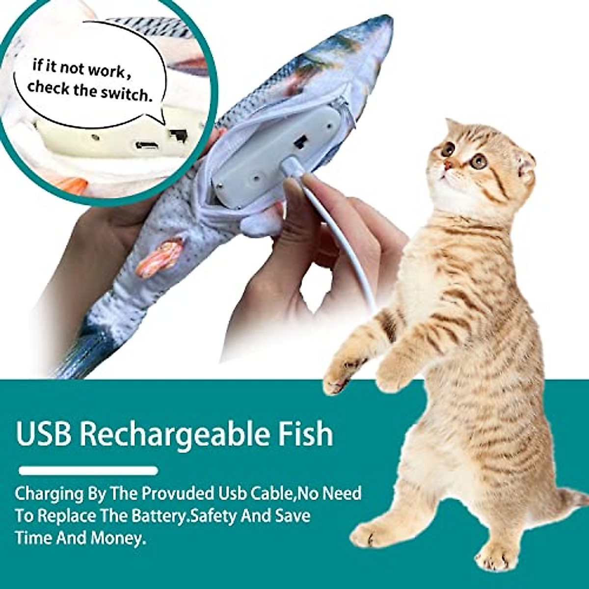 ZIKATON Flopping Fish Cat Toy 11",Electric Moving Cat Toy, Cat Toys for Indoor Cats, Floppy Cat Kicker Fish Toy, Vibrating Catnip Toy,Different Fish for Choice & Fun Toy for Cat Exercise