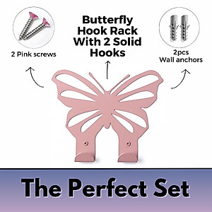 ARTiLETTO Butterfly Wall Hooks:Girl’s Bedroom Double-Hook Coat Rack Mount for Hanging Coats, Clothing, Backpacks, Purses, Jewelry, Towels, Girls Room Décor, Cute, 2 Metal Hangers, Pink