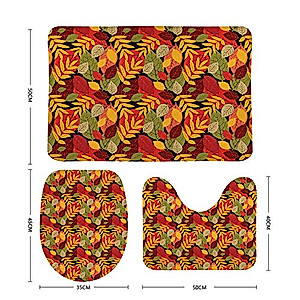 Bathroom Mat Rug Set Non Slip Including U-Shaped Contour Mat Toilet Seat Cover Autumn Leaves Red Extra Soft Coral Fleece Memory Foam 3 Piece