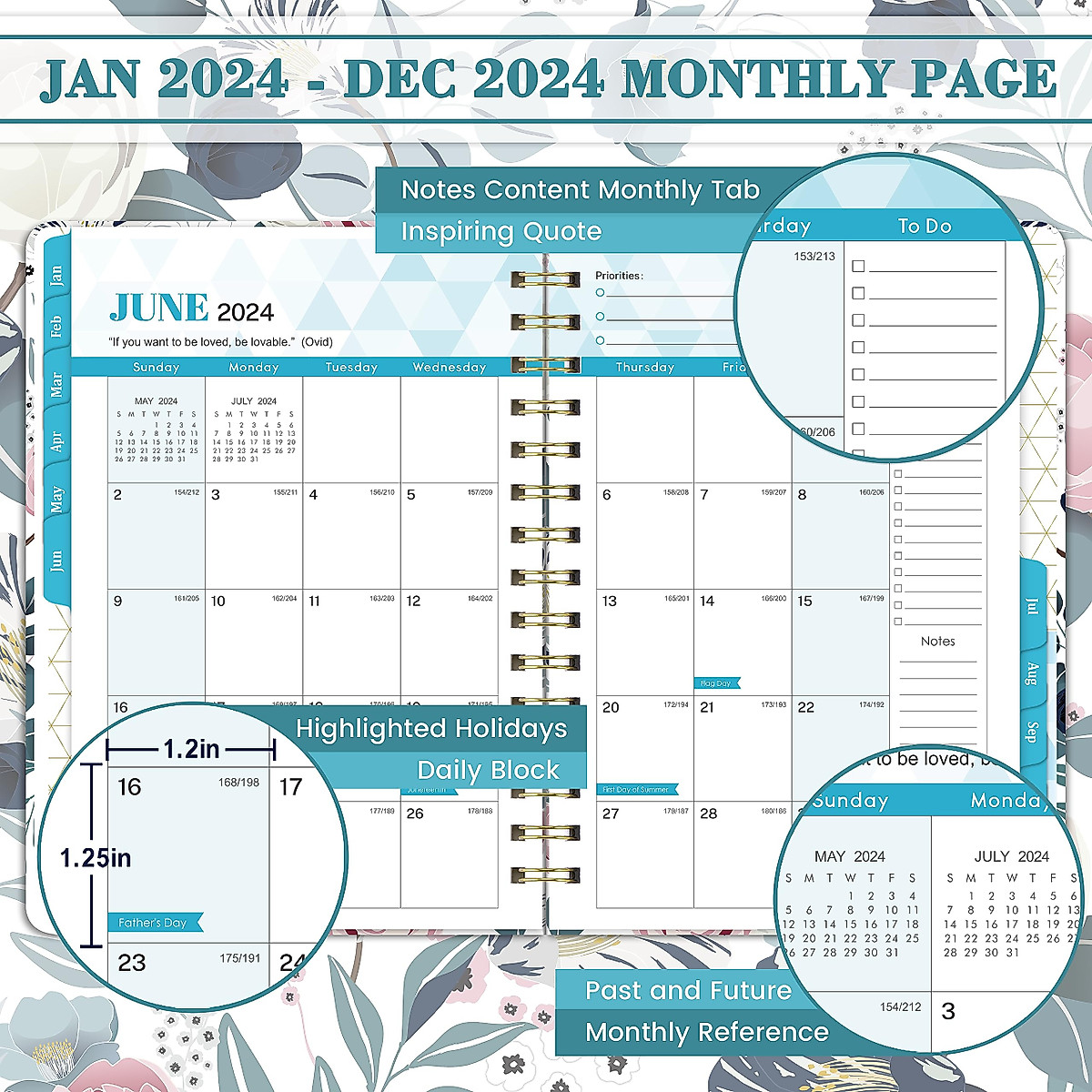 2024 Planner - Planner/Calendar 2024, Jan 2024 - Dec 2024, 2024 Planner Weekly and Monthly with Tabs, 6.3" x 8.4", Hardcover with Back Pocket + Thick Paper + Twin-Wire Binding - Petunia