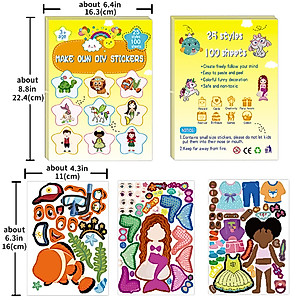 100 Sheets Make Your Own Stickers for Kids with 25 Designs, Animals Mix, Mermaids, Princess, Prince and More, Reward of Festival, Children Art Craft, School, Party Favors