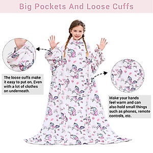Viviland Wearable Fleece Blanket For Kids with Sleeves & Foot Pocket for kids Snuggie Lightweight Soft Blanket for Girls Hook & Loop 47" x 47" Inches (White Unicorn)