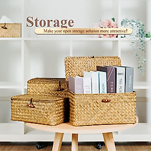Ruosuruosu Decorative Wicker Storage Bins with Lids,Woven Seagrass Storage Baskets for Kids Toys,Shelves, Bathroom, Bedroom,Set of 3 Stackable Storage Boxes Large, Medium, Small