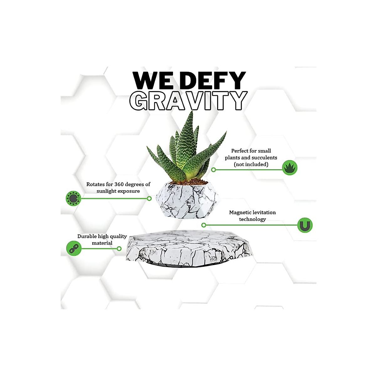 BandD Plant Pot for Succulents, air Bonsai & air Plants. Planter for Home, Office & Desk Decor. Magnetic Floating Levitating Display. (Marble)