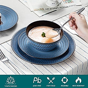 vancasso PLUVO Embossed Dinner Set, Stoneware Vintage Look Blue Dinnerware Tableware, 16 Pieces Dinner Service Set for 4, Include Dinner Plate, Dessert Plate, Cereal Bowl and Mug