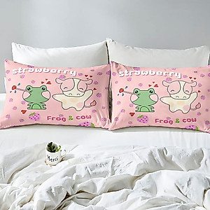 Erosebridal Cute Cow Frog Bedding Set Pink Strawberry Bedding Comforter Sets Cow Print Duvet Insert Animal Theme Quilted Comforter 3 Piece with 2 Pillow Sham, Cartoon Style Room Decor Kids Girls Boys