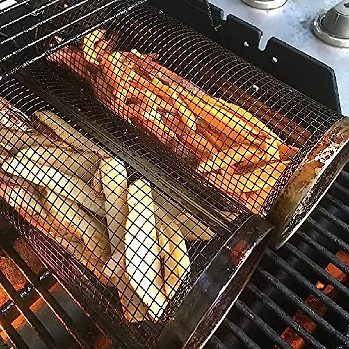 DMFC 2pcs Rolling Grilling Basket Stainless Steel Rolling Grill Baskets for Outdoor Grill Round BBQ Basket Camping Grill Suitable for Vegetable, Fries, Fish (12.2X3.6X3.6in)