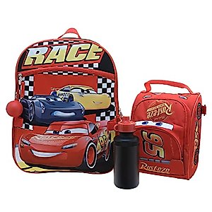 Disney Pixar Cars Girls & Boys 4 Piece Backpack Set for Kindergarten, School Bag with Front Zip Pocket, Mesh Side Pockets, Lightning McQueen 3D Insulated Lunch Box, Water Bottle, & Squish Ball Dangle