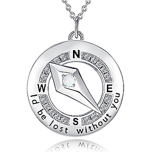 FANCIME Compass Birthstone Necklace for Women Sterling Silver Compass Jewelry Opal Pendant October Birthstone Necklace Gemstone Birthday Christmas Gifts for Girlfriend Wife Mom Her
