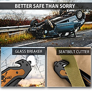 NedFoss Knifes Pocket Knives for Men, Folding Pocket Knife with Glass Breaker, Seatbelt Cutter, G10 Handle, Thumb Stud for Emergency Rescue, Household, Workshop (FA18)