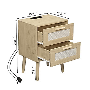 Ltysh Night Stand Set 2, Rattan Nightstand with Charging Station, Bedside Table with USB Ports & Outlets Bed Side Table,End Table for Bedroom,Living Room(Nature Wood Color-Set of 2)
