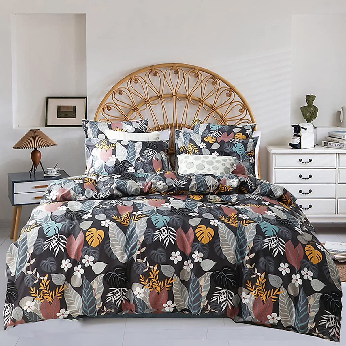 CoutureBridal Tropical Plant Duvet Cover Set King Size Multicolored Monstera Leaf Print Bedding Set with Zipper Ties 3 Pieces Soft Microfiber Aesthetic Comforter Cover Stylish Deco