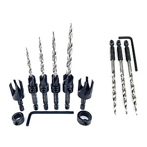 FTG USA Wood Countersink Drill Bit Set Sizes 6 8 10 12 Countersink Tapered Drill Bits, 2 Wood Plug Cutter 3/8" & 1/2" with 3 Replacement Bits #8 (11/64"), 2 Stop Collars, 1 Allen Wrench, Hex Shank