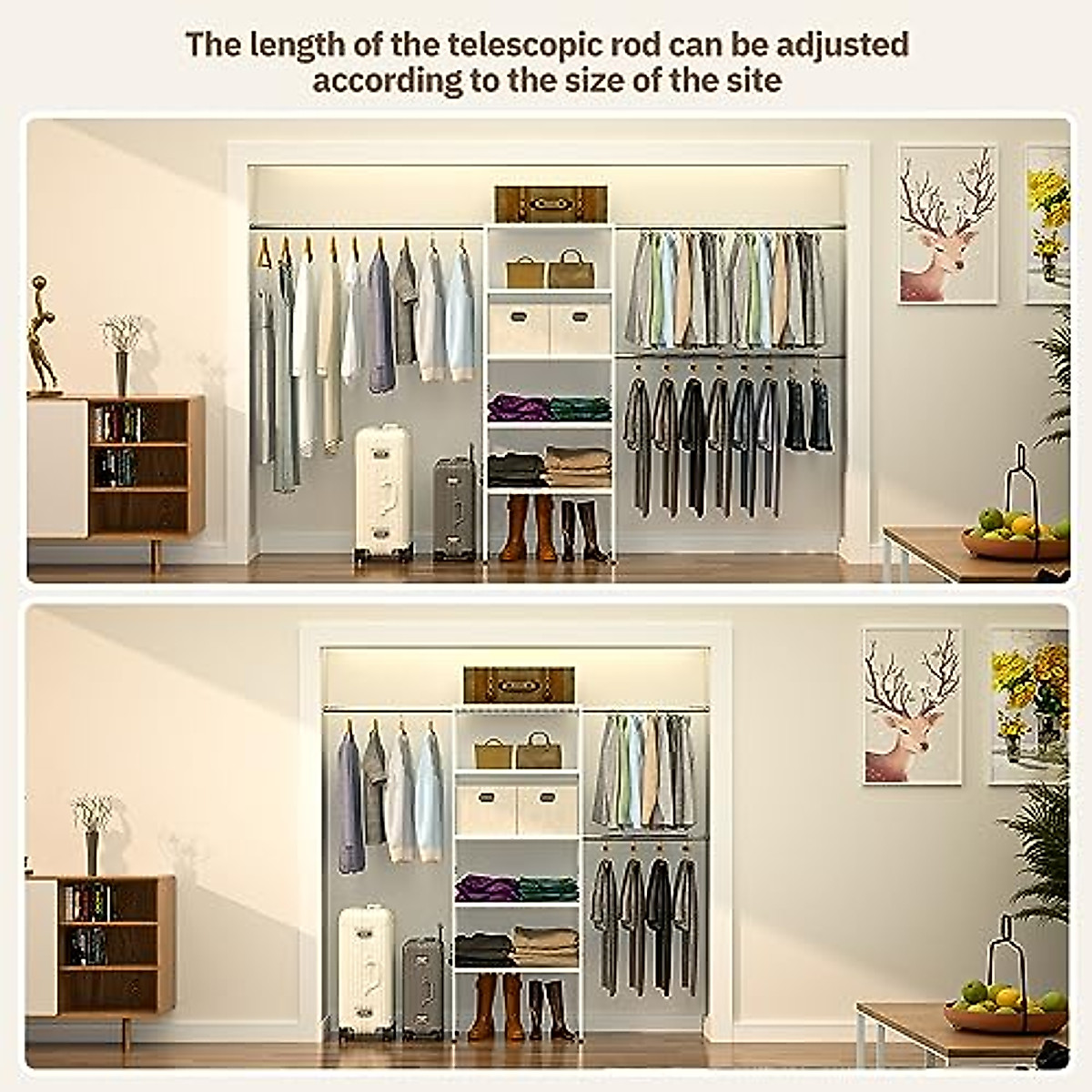 Homde Closet Organizer Storage System with 2 Storage Drawers and 3 Expandable Stainless Steel Hanger Rods,Bamboo Clothing Garment Rack,Freestanding Wardrobe Closet for Bedroom,White