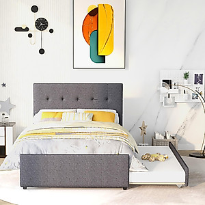 CITYNIGHT Upholstered Full Size Platform Bed with Headboard and Trundle,Linen Wood Full Trundle Bed Frame for Kids Teens,No Box Spring Needed (Full,Grey+Trundle)