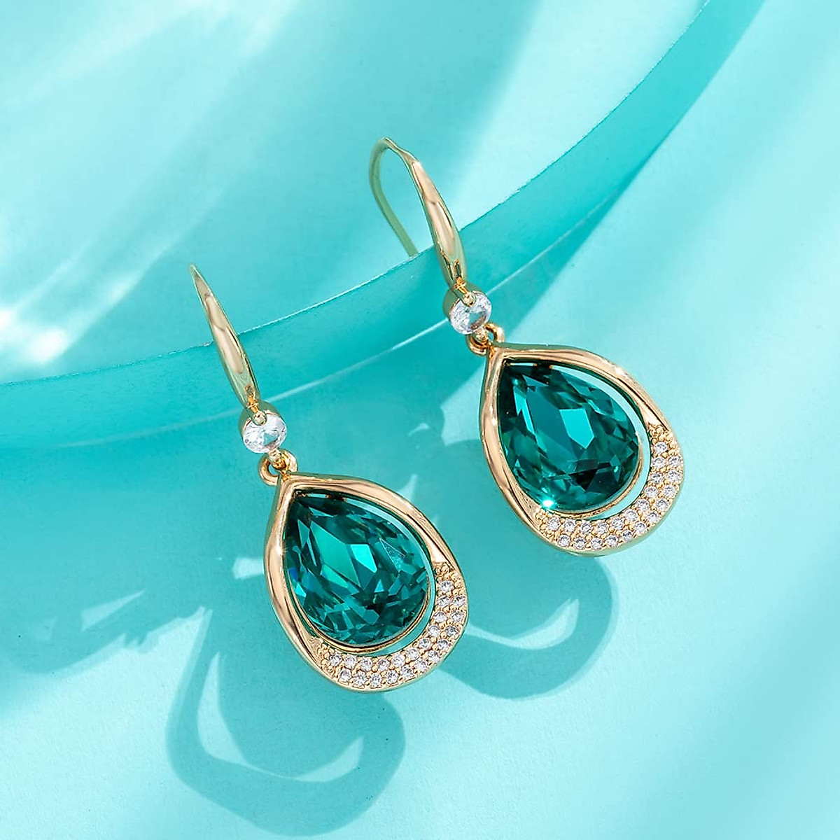 Austrian Crystal Halo Teardrop Hollow Drop Dangle Earrings for Women 14K Rose Gold Plated Hypoallergenic Jewelry (Emerald)
