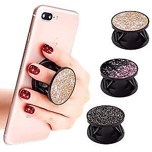 DaBuBu New Version Phone Holder 3 Pack Black Purple Pink Glitter Art Expanding Grip Stand Finger Holder for Smartphone and Tablets