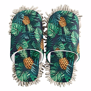 FLildon Microfiber Cleaning Slippers Tropical Leaf Pineapple Washable Mop Shoes Slipper for Men/Women House Floor Dust Cleaner, Size L
