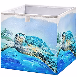 visesunny Closet Baskets Sea Turtle Storage Bins Fabric Baskets for Organizing Shelves Foldable Storage Cube Bins for Clothes, Toys, Baby Toiletry, Office Supply