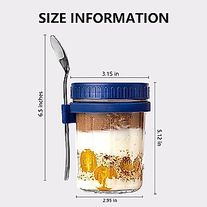 Vorey Pack of 4 Overnight Oats Containers with Lids and Spoons, 16 oz Glass Mason Jars with Measurement Marks, Large Capacity Reusable Airtight Storage, Gray, White, Blue and Green
