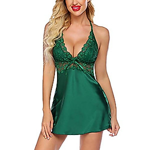 Avidlove Womens Satin Chemise Nightie Lace Babydoll Lingerie Sexy Sleepwear Green X-Small