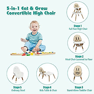 HONEY JOY Baby High Chair, 5-in-1 Convertible Wooden Highchair for Babies and Toddlers/Table and Chair Set/Booster Seat/Toddler Chair with Safety Harness, 4-Position Removable Feeding Tray (Khaki)