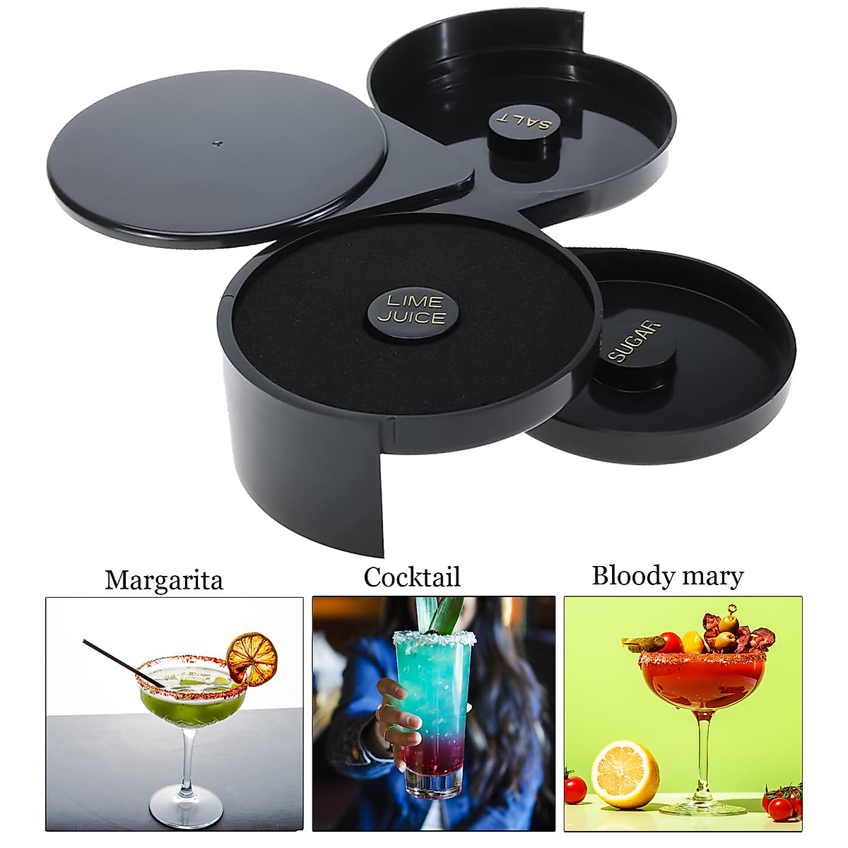 Mono-gatari 3 Tier Bar Glass Rimmer, Bartender Tool Salt Sugar Lime for Cocktails Margaritas Bloody Marys and Gimlets, Black ABS