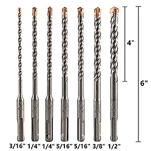 Firecore 7-Piece 6in SDS Plus Bits Set, Carbide Rotary Hammer Concrete Masonry Drill Bits Set for Brick, Stone, Masonry and Concrete - FS21507