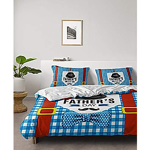 Happy Father's Day Duvet Cover Set Full,4 Pieces Black Hat with Beard Red Belt Bed Sheet Sets Soft Comforter Cover with Flat Sheet 2 Pillow Shams for Teen/Man/Woman/Toddler Blue Buffalo Checker