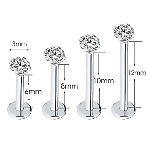 Injoy Jewelry 4 Pairs 16G Stainless Steel 3mm Round Cubic Zircon Lip Studs Labret Monroe Nose Tragus Helix Ear Piercing Jewelry 6-12mm Bar Length