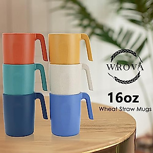 Wrova 16oz Wheat Straw Cups with handles set of 6-Plastic Cups Reusable-Unbreakable Wheat Straw Cups-Dishwasher Safe & Microwave Safe-Ideal Mugs for Tea,Coffee,Camping,RV-Vibrant Color