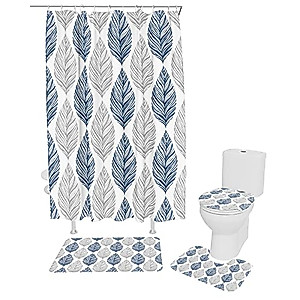 4 Pcs Shower Curtain Set with 12 Hooks Grey and Navy Blue Olive Leaf Texture Watercolor Hand Drawn Bathroom Sets with Non-Slip Bath Mat Toilet Lid Cover Waterproof Durable Shower Curtain and Rugs