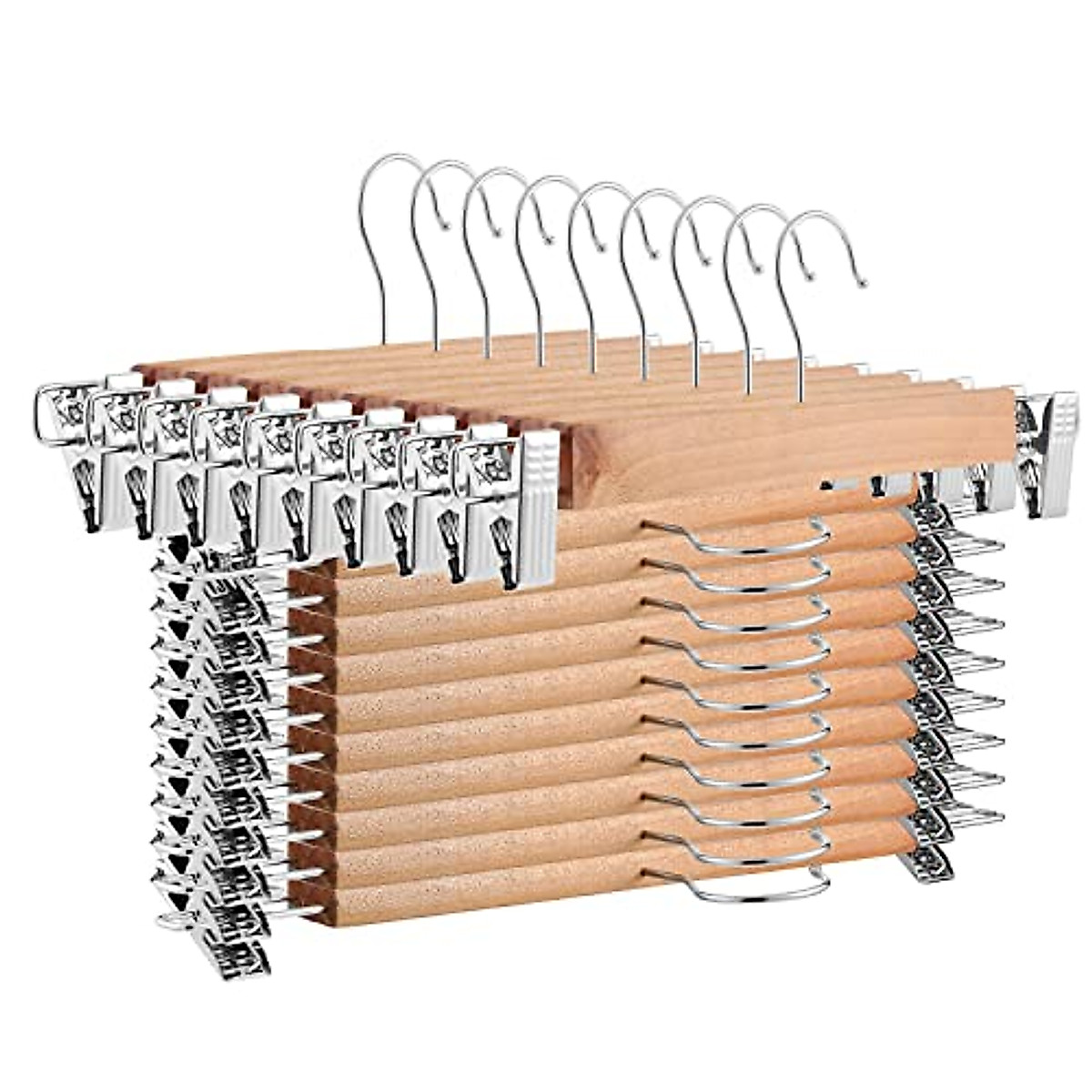 Weysat 40 Pcs Wooden Pants Hangers Bulk Solid Wood Skirt Hanger with 2 Adjustable Clips Anti Rust Hook 360 Swivel Hook Bottom Hangers Jeans Hangers for Women Men