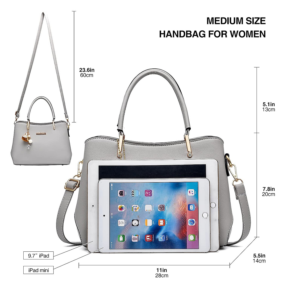 Satchel Purses and Handbags for Women, 3 Compartment Hand Bags with Charms, Pu Leather Ladies pocketbooks for women, Light Grey