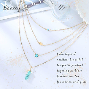 Boaccy Boho Layered Turquoise Pendant Necklace Crystal Necklaces Hand of Fatima Necklace Chain Gold Jewelry for Women and Girls