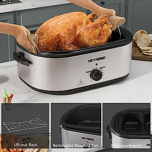 Roaster Oven 24QT, Electric Roaster Pan with 3 Compartments and Self-Basting Lid, Large Stainless Steel Electric Turkey Roaster Oven Defrost Warm Function, Removable Pan Rack, Fits Turkeys Up to 28LB