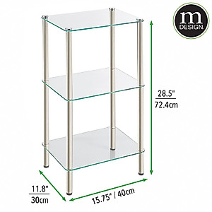 mDesign Metal/Glass 3-Tier Storage Tower, Narrow Shelving Display Unit, Open Glass Shelves; Multi-Use Stand for Living Room, Bathroom, Home Office, Hallway, Bedroom Organization - Satin/Clear