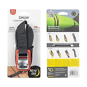 Nite Ize CamJam Tie Down Strap - Tie Down Ratchet Straps - Straps for Trucks & Cars - Tie Downs for Luggage, Camping Gear & Other Loads - Moving Supplies - 12 ft Strap, Orange (Pack of 1)