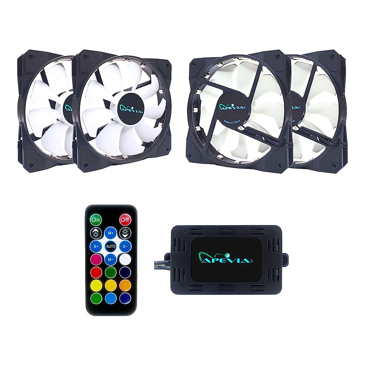 Apevia FB4-RGB Frostblade 120mm Silent RGB Color Changing LED Fan for Gaming with Remote Control, 16x LEDs & 8X Anti-Vibration Rubber Pads (4-pk)